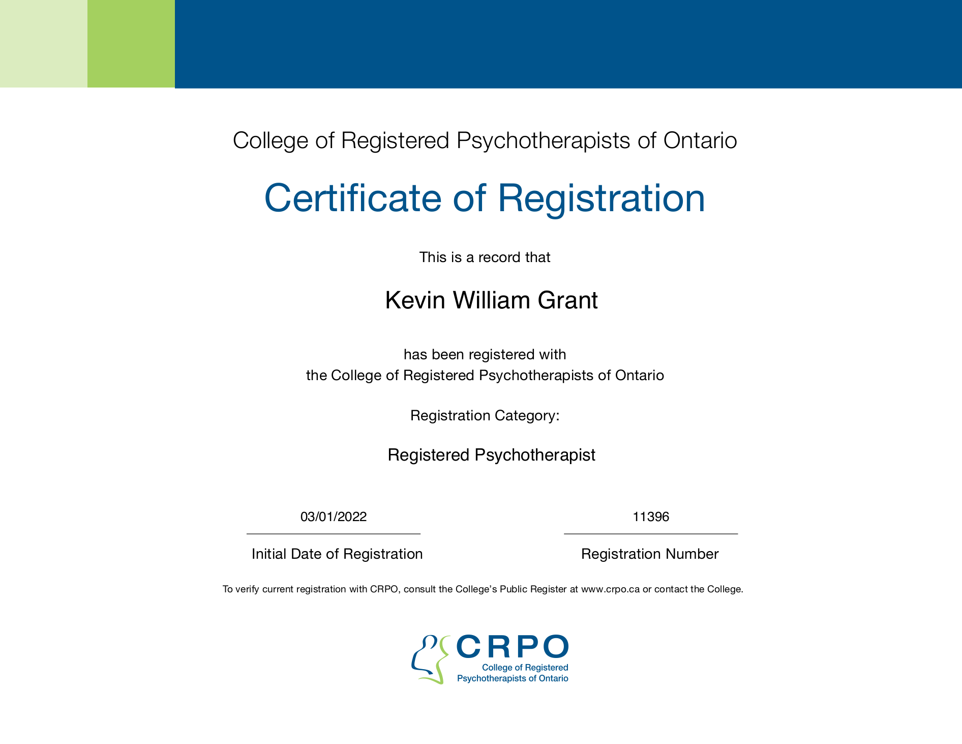 Kevin William Grant- Registered Psychotherapist - Credentials and ...